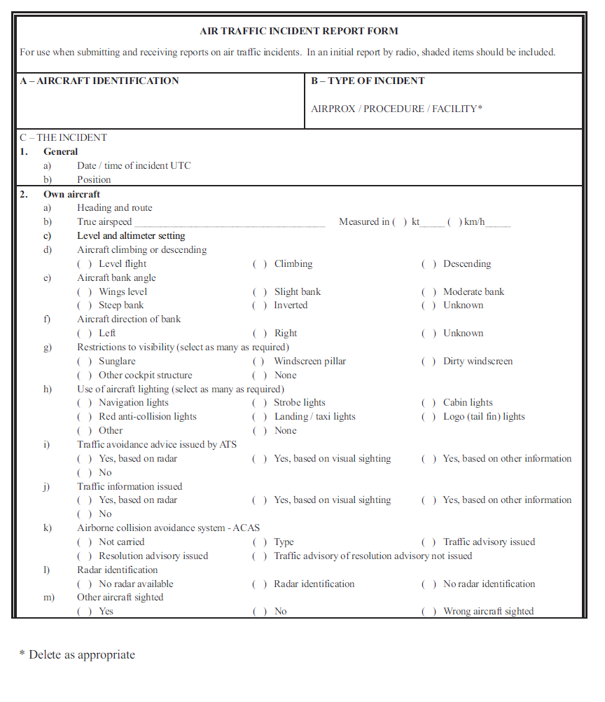 Instructions for the completion of the Air Traffic Incident Report Form